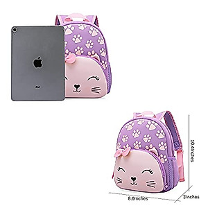 KK CRAFTS Toddler Backpack, Waterproof Preschool Backpack, 3D Cute Cartoon Neoprene Animal Schoolbag for Kids, Lunch Box Carry Bag for Boys Girls,Purple Cat
