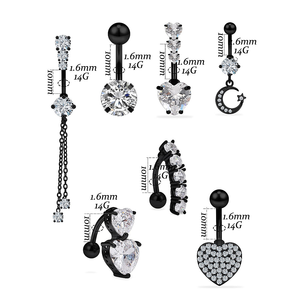 Vsnnsns 14G Belly Button Rings Belly Rings for Women Stainless Steel Belly Piercing Jewelry Surgical Steel Dangle Belly Button Rings Curved Navel Ring Barbell Heart CZ Body Jewelry Piercing Black