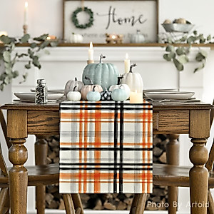 Artoid Mode Orange Black Buffalo Plaid Fall Table Runner, Halloween Kitchen Dining Table Decoration for Outdoor Home Party 13x72 Inch
