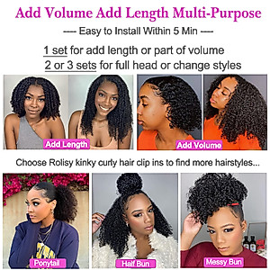 Rolisy Kinky Curly Clip In Hair Extensions Human Hair 16 Inch Curly Hair Extensions Clip In Human Hair for Black Women 3C 4A 4B Afro Kinky Curly Hair Clip Ins Soft Brazilian Remy Hair Thick Ends