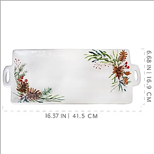 AuldHome Christmas Greenery Ceramic Platter; Long Rectangular Holiday Decorative Serving Tray