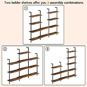 HOOBRO DIY Ladder Shelf Bookcase, 5-Tier Wall Mounted Ladder Bookshelf, Office Vertical Bookcase, Wooden Storage Shelves for Home Office, Bedroom, Living Room, Rustic Brown and Black BF53CJ01