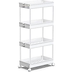 SPACEKEEPER Storage Cart, 4-Tier Mobile Shelving Unit, Bathroom Rolling Cart Utility Storage Organizer Shelf for Kitchen Living Room Bathroom Laundry Room & Dressers, White