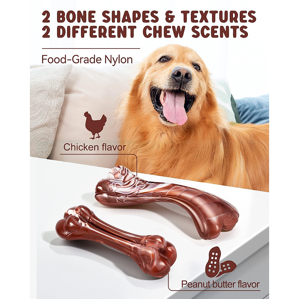 GEE BON Dog Toys, 2 Pack Nylon Chew Bones for Aggressive Chewers, Durable Dog Chew Toy for Large Medium Dogs, Chicken & Peanut Flavor, Helps Dental Health, Pet Toy Gift