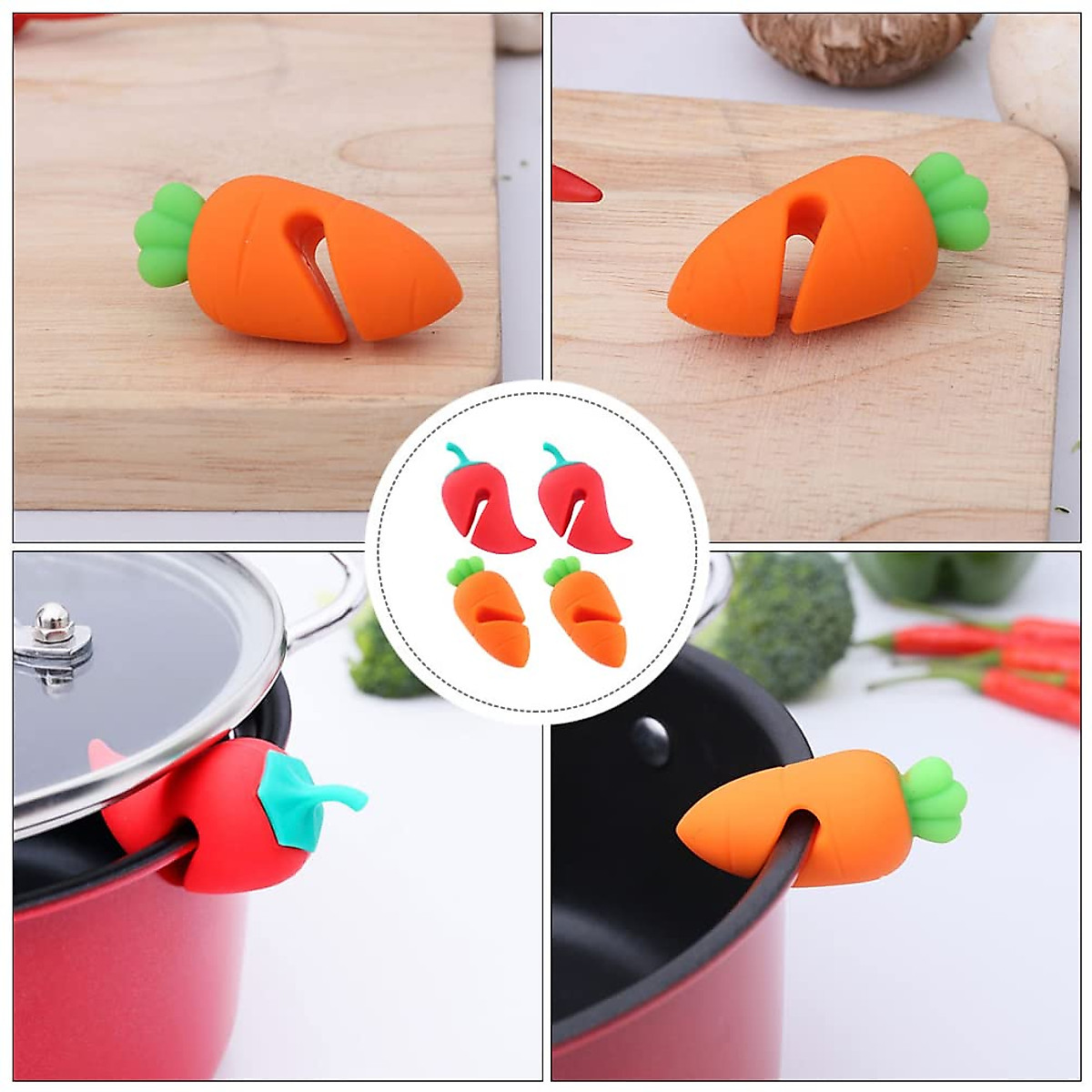 Cabilock 8Pcs Silicone Spill-proof Lid Lifter Boil Stoppers Lid Lifts Carrot Chili Kitchen Pot Lid Holders Lid Stand Heat Resistant Holder Keep The Lid Open