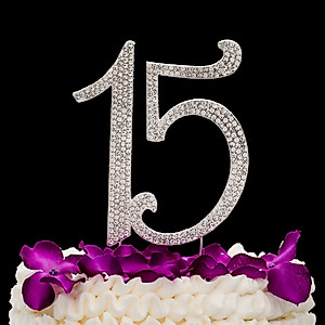 Ella Celebration 15 Cake Topper 15th Birthday Anniversary Quinceañera Party Supplies Rhinestone Number Decoration (Silver)