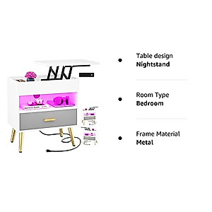 Cyclysio 35 Inches Nightstand with Reversible Lift Top, Large Night Stand with LED Lights, Tall Bedside Table with Charging Station, High End Side Table for Bedroom, Sofa Side, Living Room, White