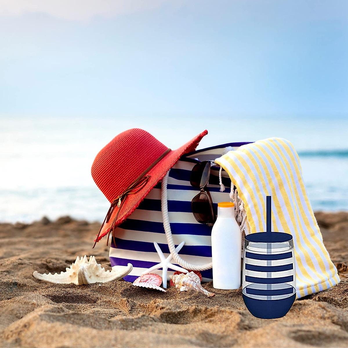 Needzo Reusable Outdoor Wine Glasses, Plastic Stemless Glass with Navy Stripes, Lid and Straw, Summer 2023 Cups for the Beach and Pool, Pack of 2