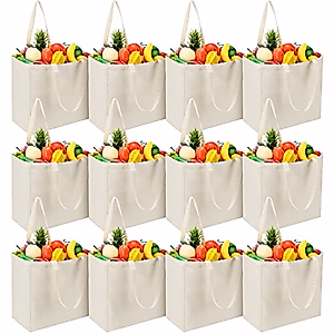 12 Pieces Canvas Grocery Bag Large Blank Tote Bags, Reusable Canvas Shopping Bag with Long Handle White Washable Foldable Plain Natural Heavy Duty Totes Bags Bulk for Kitchen, 14 x 14 x 7.9 Inch