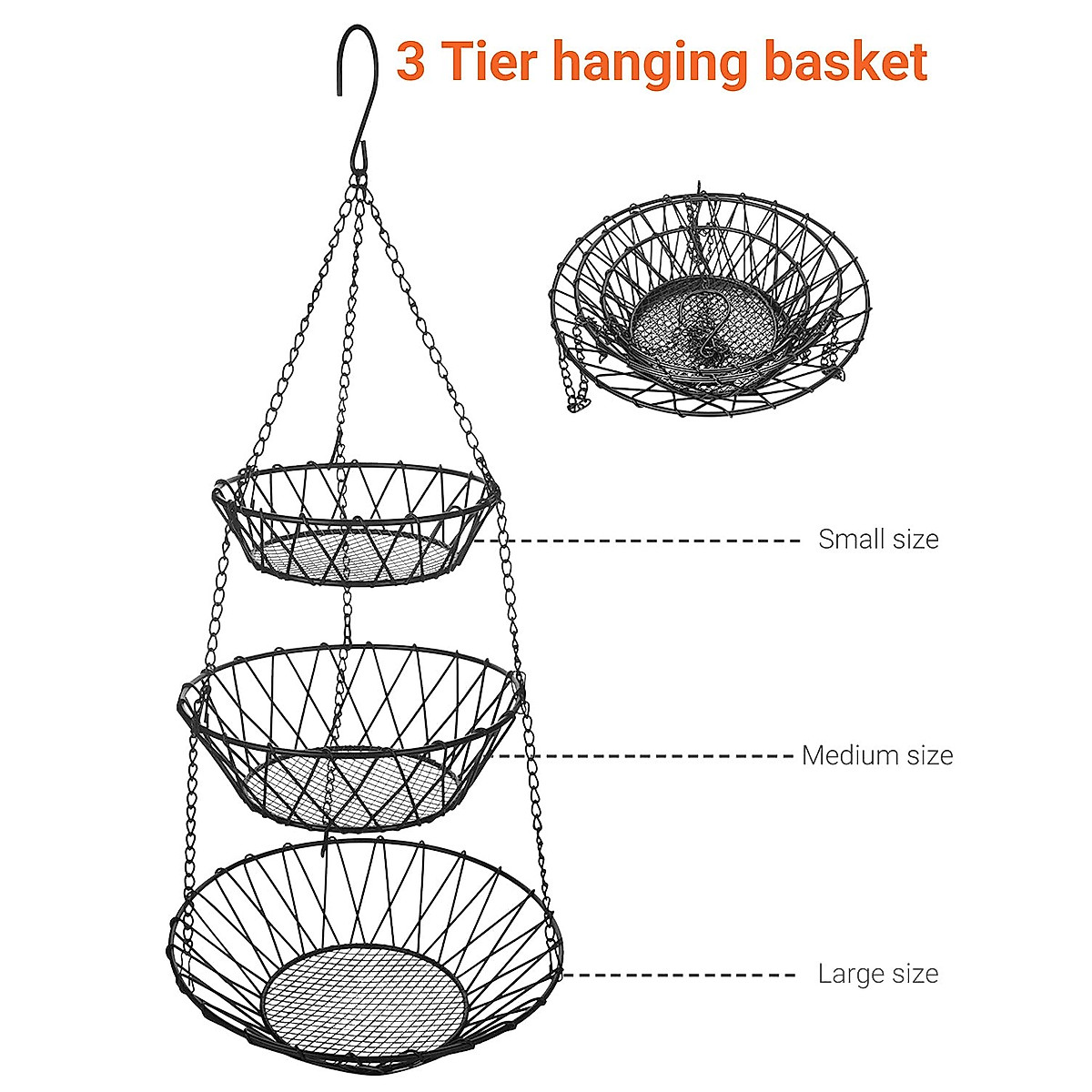 WILLIZTER 3 Tier Hanging Basket with Sturdy Metal Chain Hanging Hooks Fruit and Vegetable Basket Heavy Duty Wire Organizer Space Saving Rustic Country Style Kitchen Storage