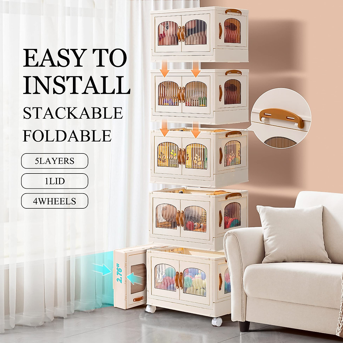 EHAMILY Stackable Storage Bins with 1 Lid Set 5 Tier,8.4 Gal Clear Plastic Folding Storage Box with Wheel and Door,Large Foldable Cabinet Collapsible Bin for Closet Organizer,Clothes,White