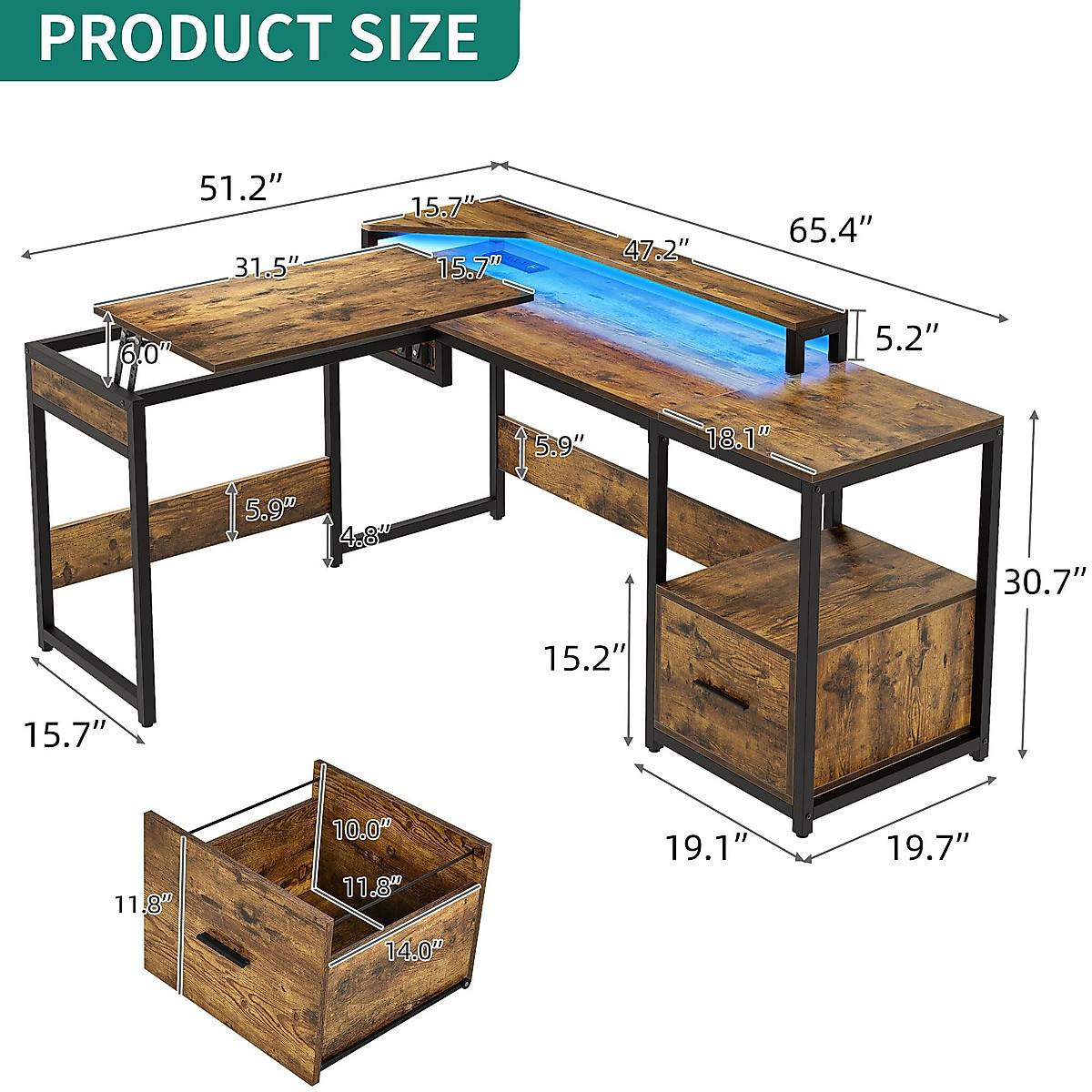 YITAHOME L Shaped Desk with Power Outlets & LED Lights, 65" Corner Computer Desk with File Drawer & Lift Top, Home Office Desk Height Adjustable Desk with Monitor Stand, Rustic Brown