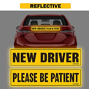 TOTOMO New Driver Magnet for Car Sign – Large 12”x3” Magnetic Reflective Vehicle Safety for Student Rookie Learner Drivers Removable Bumper Sticker Please Be Patient