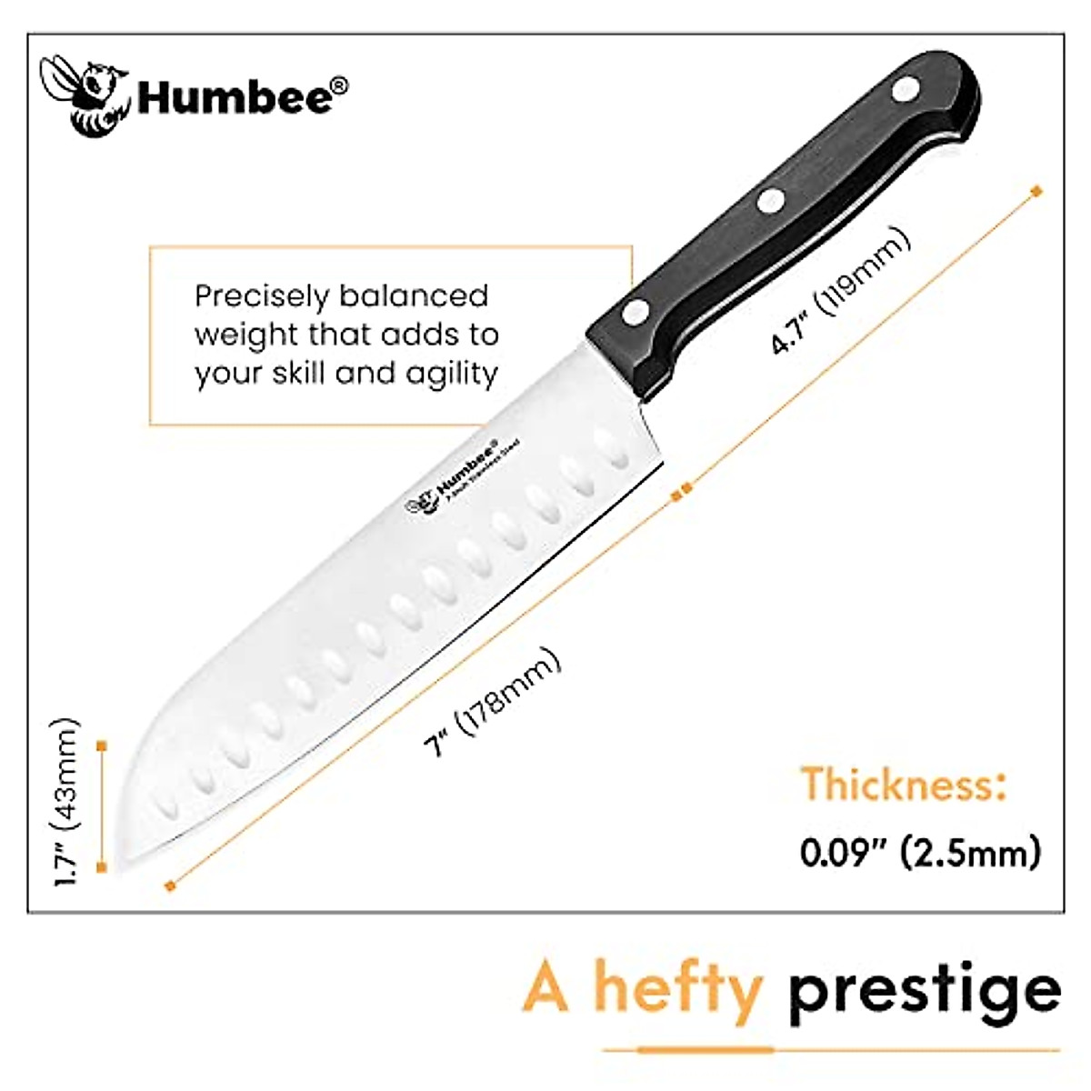 Humbee, 7.5-Inch Santoku Knife Stainless Steel Ultra Sharp Japanese Chef Knife Comfortable Grip Kitchen Knife