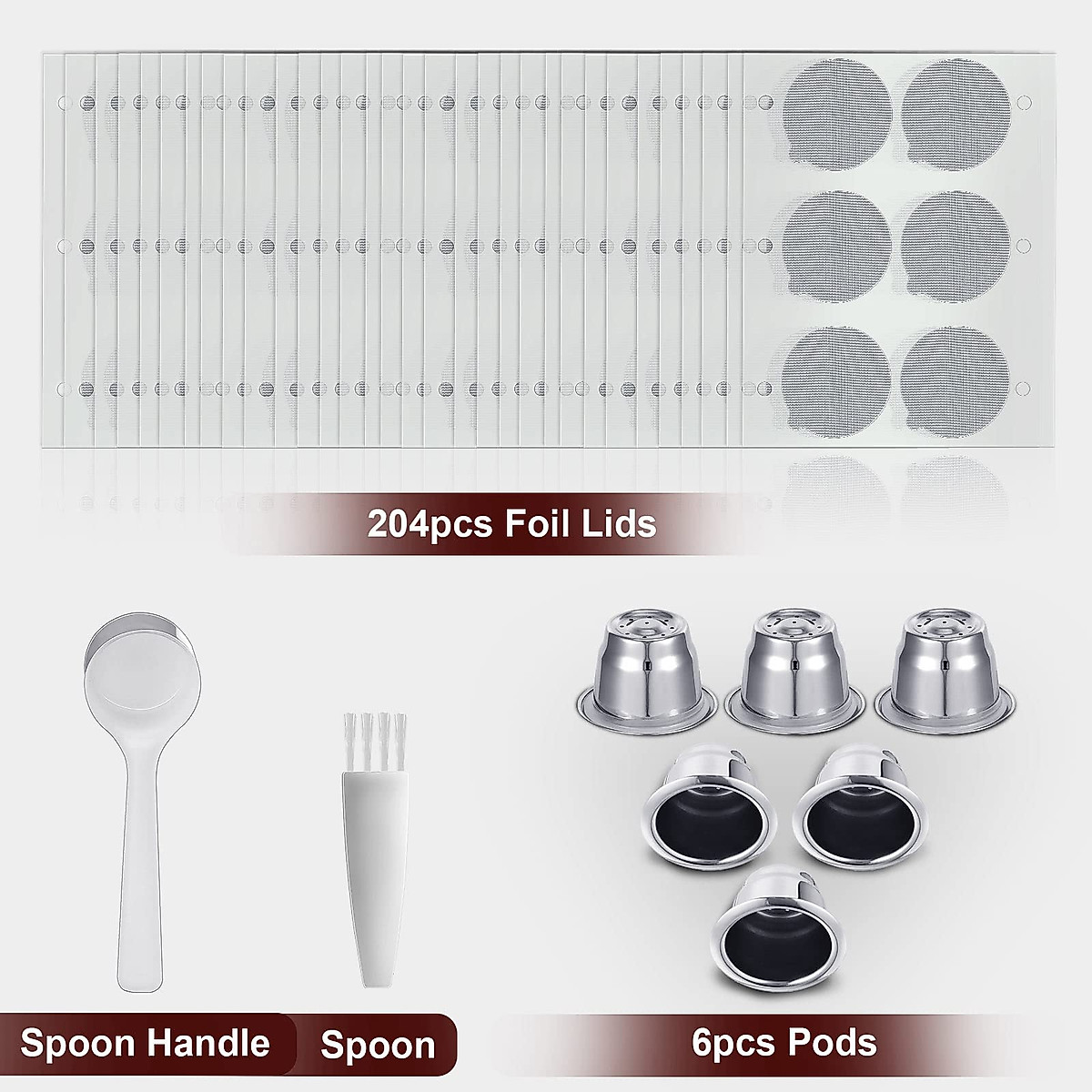 Didaey Reusable Espresso Capsules Stainless Steel Refillable Coffee Pods Reusable Espresso Pods with Aluminum Foil Seals Stickers Lids Compatible with Nespresso Machines (6 Cups, 204 Lids)