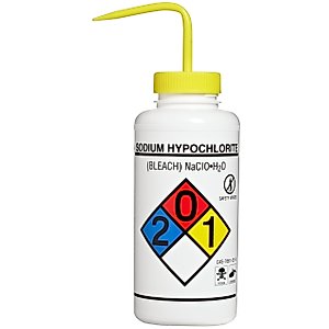 SP Bel-Art Right-to-Know Safety-Vented/Labeled 4-Color Sodium Hypochlorite (Bleach) Wide-Mouth Wash Bottles; 1000ml (32oz), Polyethylene w/Yellow Polypropylene Cap (Pack of 2) (F11832-0015)