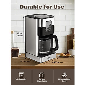 Homtone Coffee Maker 12 Cup Programmable, Anti-Drip Digital Coffee Machine, Brew Strength Control Coffee Maker for Hot Coffee, Stainless Steel, LCD Touch Screen, Permanent Filter, 1000W