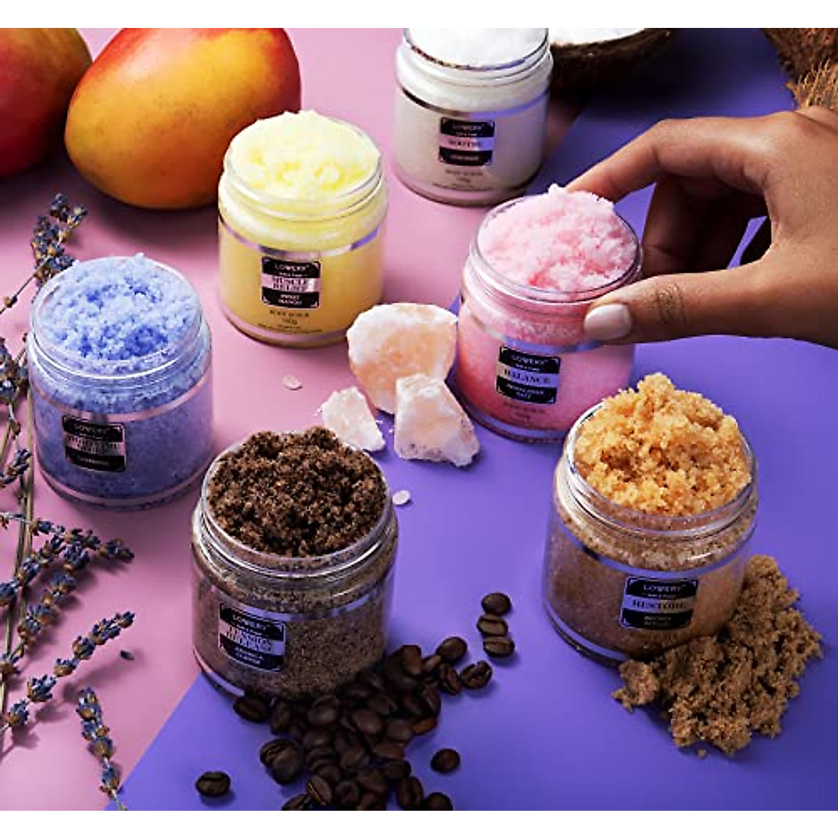 Body Scrub, Gifts for Women & Men, 6pc Exfoliating Body, Face, Hand, Foot Scrub, Himalayan Salt, Brown Sugar, Coconut, Arabica Coffee, Acne, Stretch Marks & Cellulite Remover, Essential Oils