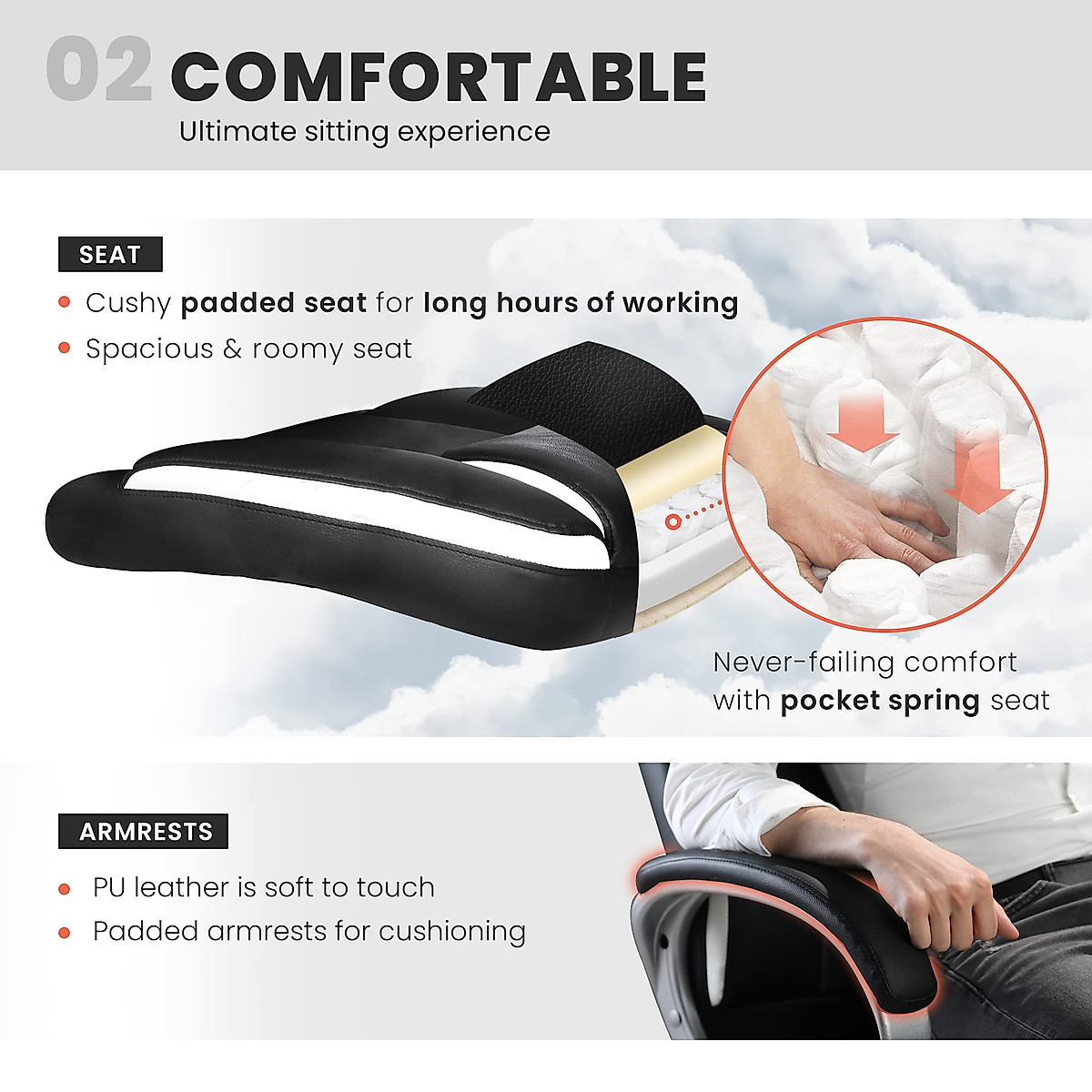 NEO CHAIR Office Chair Computer Desk Chair Gaming - Ergonomic High Back Cushion Lumbar Support with Wheels Comfortable Black Leather Racing Seat Adjustable Swivel Rolling Home Executive