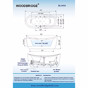 WOODBRIDGE 72" x 35-3/8" Whirlpool Water Jetted and Air Bubble Freestanding Heated Soaking Combination Bathtub with LED control panel, BJ400