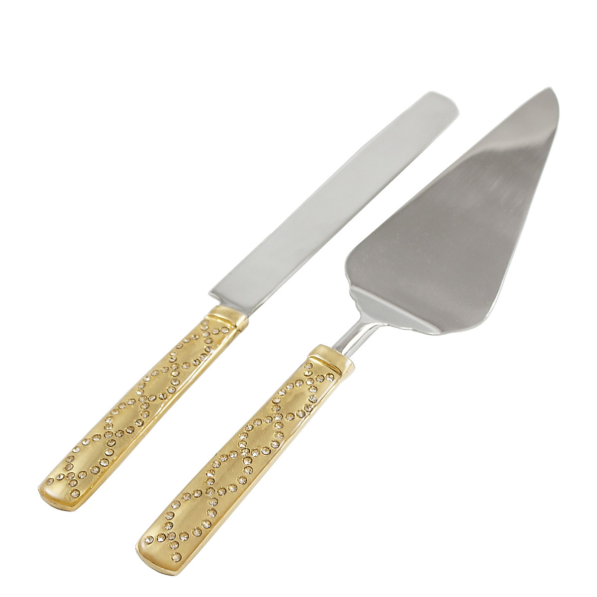 Server Set, Cake, Pie, Desert Flatware Set, Glitter Crystal Studs Design, 2-piece 18/10 Stainless steel with brass handles (light antique gold finish)…
