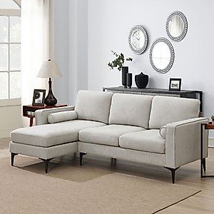Tiokop L-Shaped Sectional Sofa with Reversible Chaise Lounge, 3-Seat Convertible Couch w/ 2 Pillows and Metal Legs, 86 inch, Perfect for Living Room, Apartment, Small Space, Beige