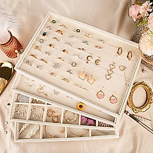 Mebbay Large Stackable Velvet Jewelry Trays Organizer, Jewelry Storage Display Trays for Drawer, Earring Necklace Bracelet Ring Organizer, Set of 4 (Warm White), 13.8" x 9.5" x 1.18"