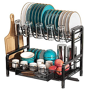 romision Dish Drying Rack and Drainboard Set, 2 Tier Large Stainless Steel Sink Organizer Dish Racks with Cups Holder, Utensil Holder, Dish Strainer Shelf for Kitchen Counter, Black