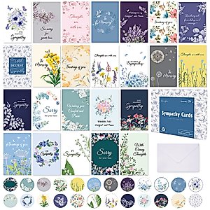 Sympathy Cards with Message Inside, 24 Pack 4×6 in Assortment Floral Butterflies Condolence Cards with Envelopes & Stickers, Watercolor Boxed Sympathy Cards Bulk to Support Friends and Family