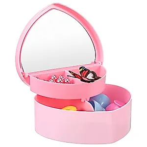 Cabilock Romantic Jewelry Box for Children's day Gift :Plastic Pink Jewelry Storage Organizer with Heart Make Up Mirror Jewelry Display Case for Earrings Rings Bracelets Gift for Girls Women