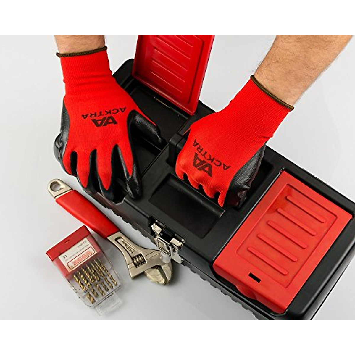 ACKTRA Nitrile Coated Safety WORK GLOVES 12 Pairs, WG003 Red/Black, Large