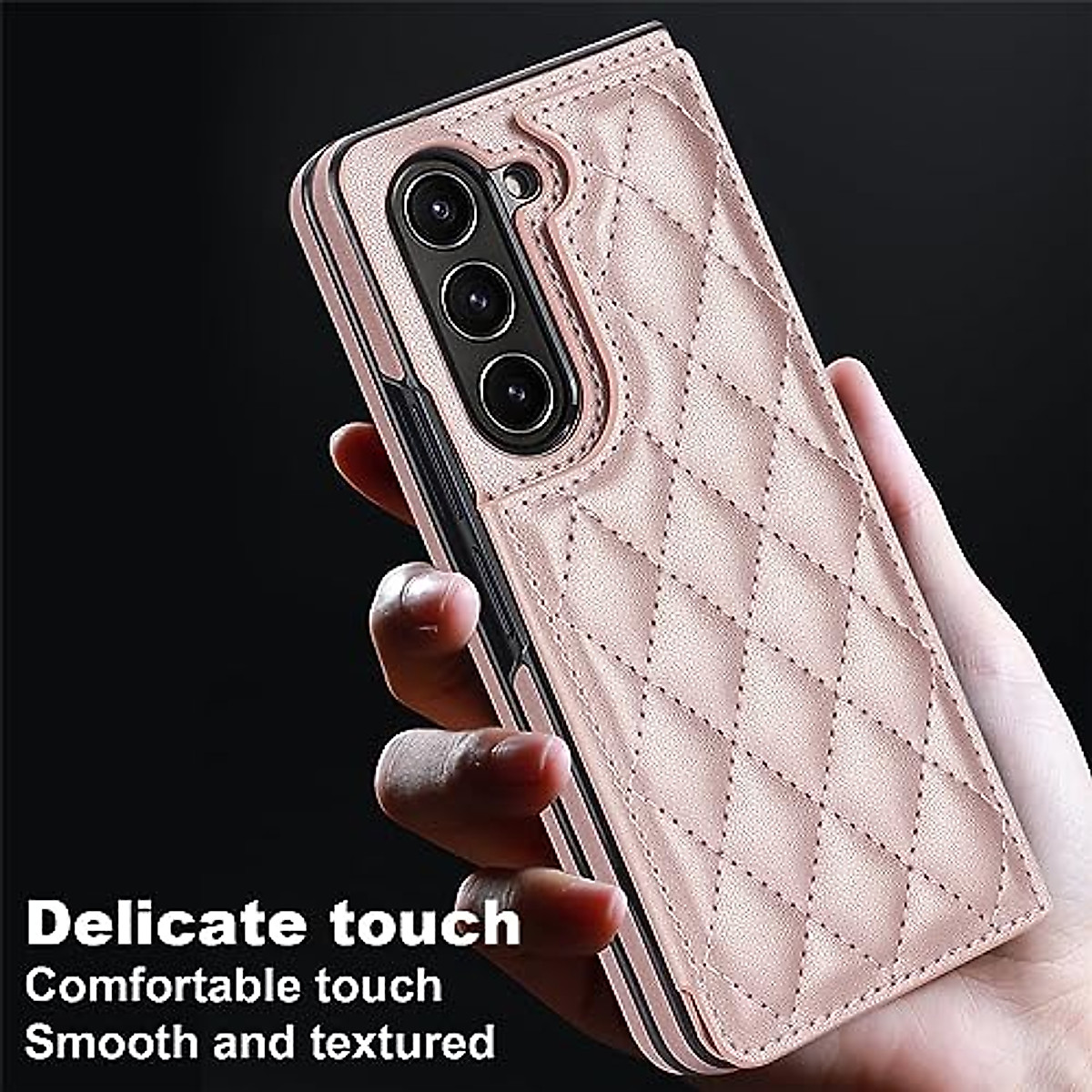 Ephoou Flip Wallet Case Compatible with Samsung Galaxy Z Fold 5 for Women, Luxury PU Leather Shockproof Cover Case with Card Holder (Kickstand Function) for Samsung Galaxy Z Fold5 SKG-Rose Gold