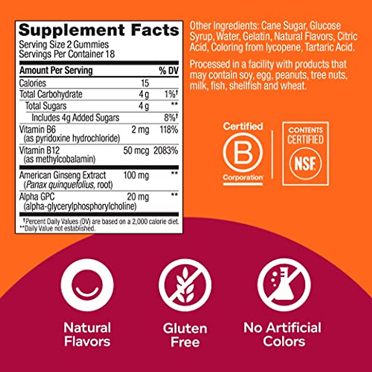 Olly Laser Focus Gummy 18 Day Supply Gummies Ginseng Alpha GPC B Vitamins Chewable Supplement, Berry Tangy Tangerine, 36 Count
