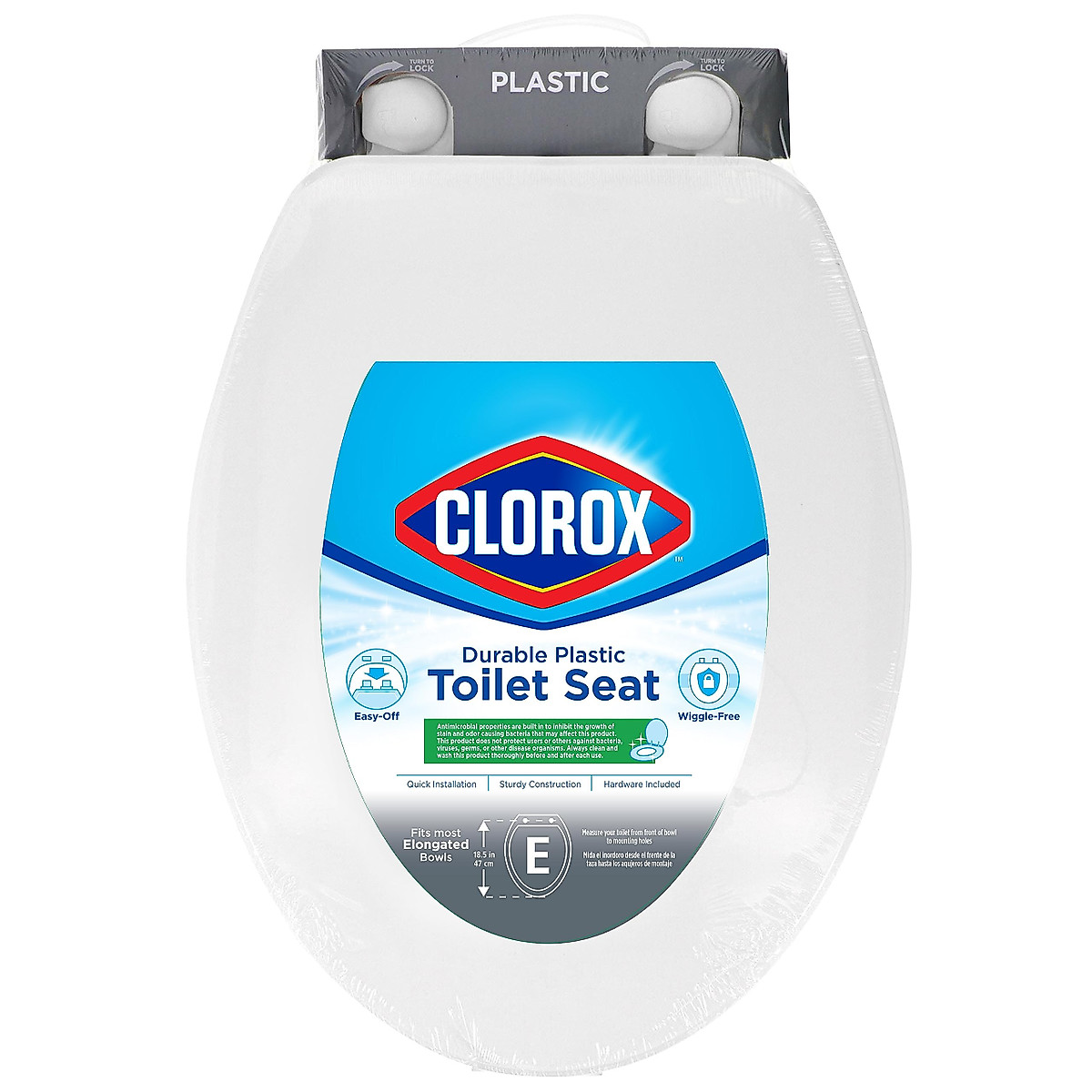 Clorox Elongated Plastic Toilet Seat with Easy-Off Hinges, Wiggle-Free