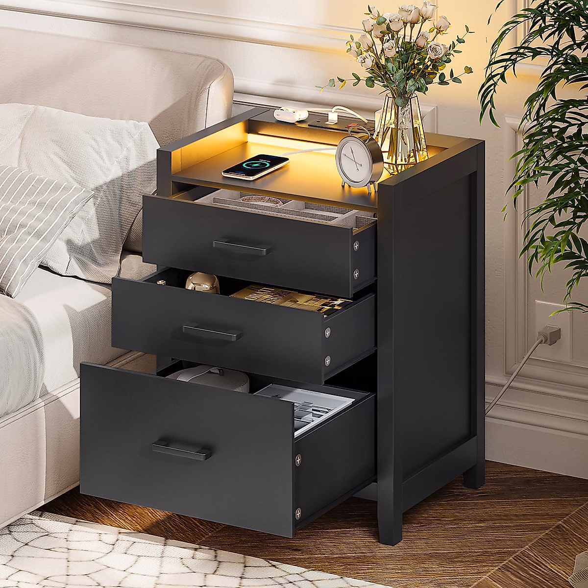 EPHEX LED Nightstand with Charging Station, Nightstand with 3 Drawers, End Side Table with USB Ports and Outlets, Modern Bedside Table for Bedroom, Black, NSL03