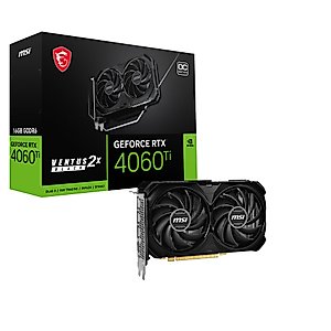 MSI Gaming GeForce RTX 4060 Ti 16GB GDRR6 Extreme Clock: 2625 MHz 128-Bit HDMI/DP Nvlink TORX Fan 4.0 Ada Lovelace Architecture Graphics Card (RTX 4060 Ti Ventus 2X Black 16G OC)