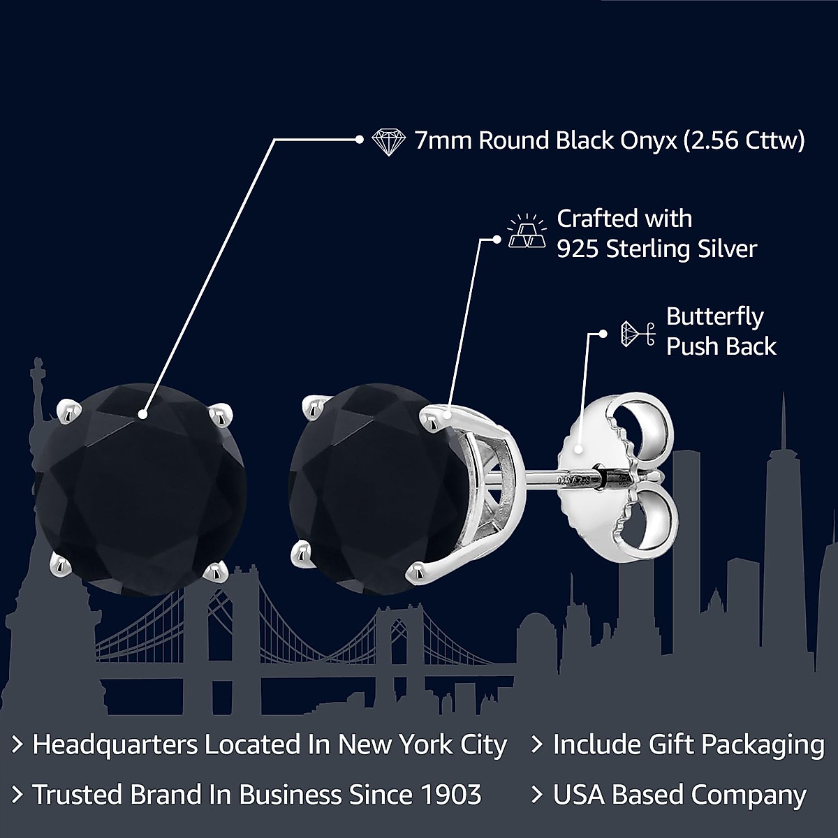 Gem Stone King 925 Sterling Silver Black Onyx Stud Earrings For Women (2.56 Cttw, Gemstone Birthstone Round 7MM)