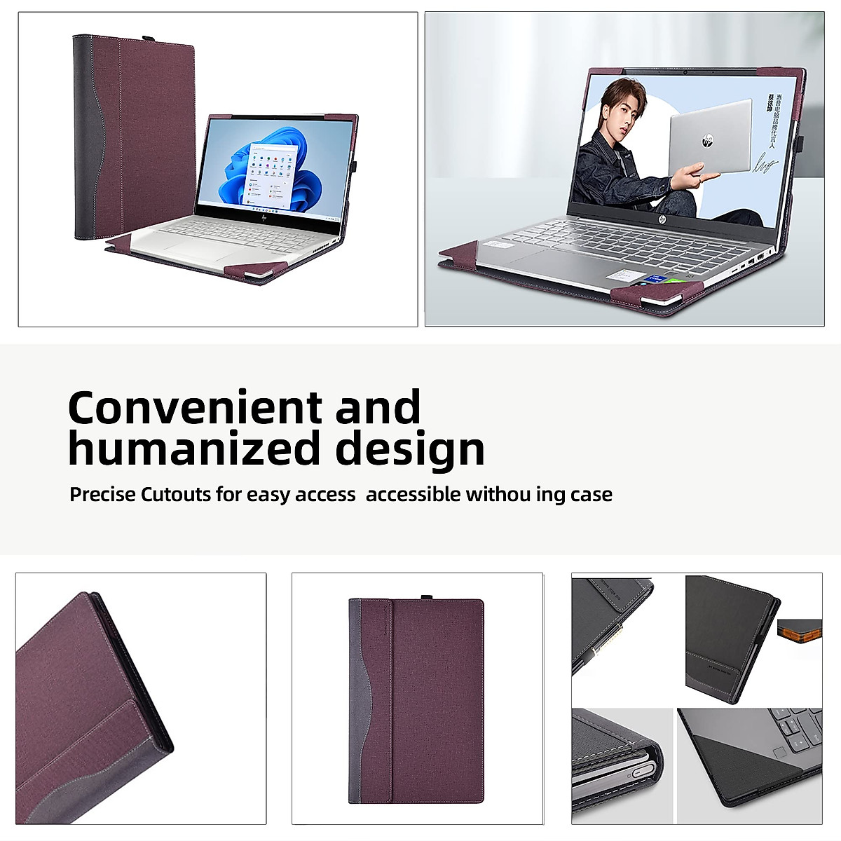 VEVOOD Laptop Cover for HP Envy x360 Laptop 15t /15z-XXX/ 15-ed/15-er/15-ep/15t-es100...All Inclusive Drop Case 15.6" PU Leather Inside Pocket Cover (15.6inch, red Wine)