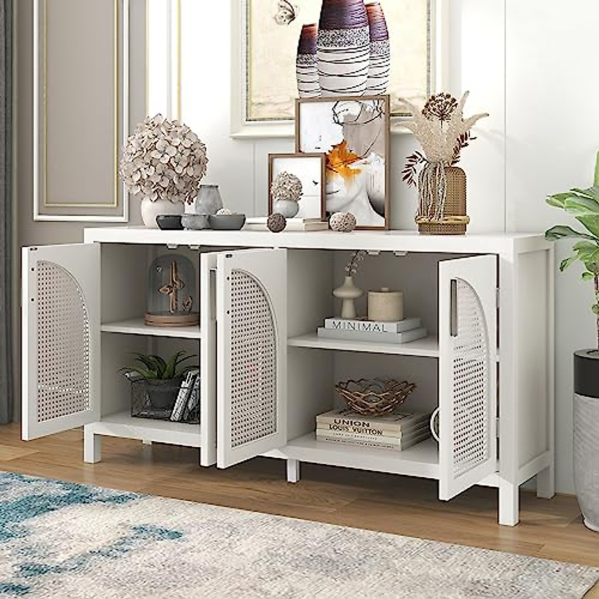 LUMISOL Accent Buffet Cabinet with Rattan Doos, Modern Sideboard and Buffet Table Console Table with Adjustable Shelves for Living Room, White