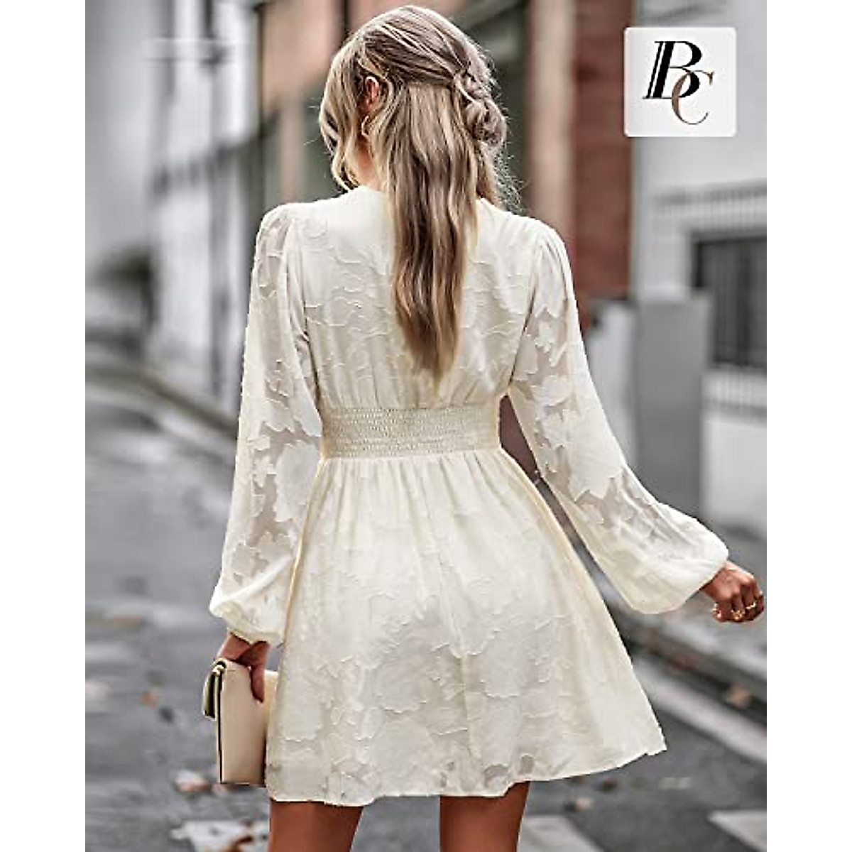 BebreezChic Women Dresses Cocktail with Lining Knee Length Long Sleeve Ladies Elegant Lace Smocked Short Dress 2023 Spring Summer Dresses, Beige XL