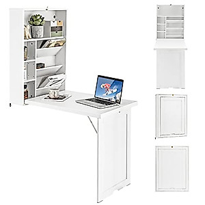 GOFLAME Wall Mounted Desk, Folding Floating Desk with 3-Tier Tilt Storage Partition and Adjustable Shelves, Space-Saving Fold up Desk Laptop Desk, Convertible Writing Desk for Home Office (White)