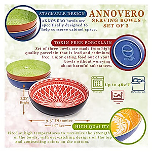 Annovero Serving Bowls, Set of 3 Large Porcelain Dishes for Entertaining, Big Bowl, Large Bowls for Eating, for Soup, Salad, Pasta, Parties, Fruit, Chips, 9.5 Inch Diameter, 72 Fluid Ounce Capacity