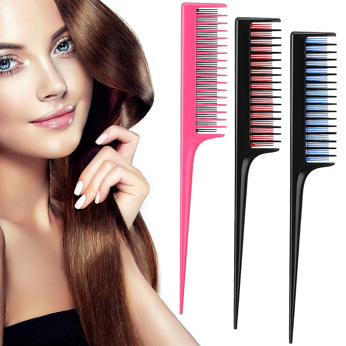 Leinuosen 3 Pcs Triple Teasing Comb Rat Tail Tool Tease Layers Pintail Comb for Women Back Root Teaser Adding Volume Structure Styling(Black and Red, Black and Blue, Pink and Black)