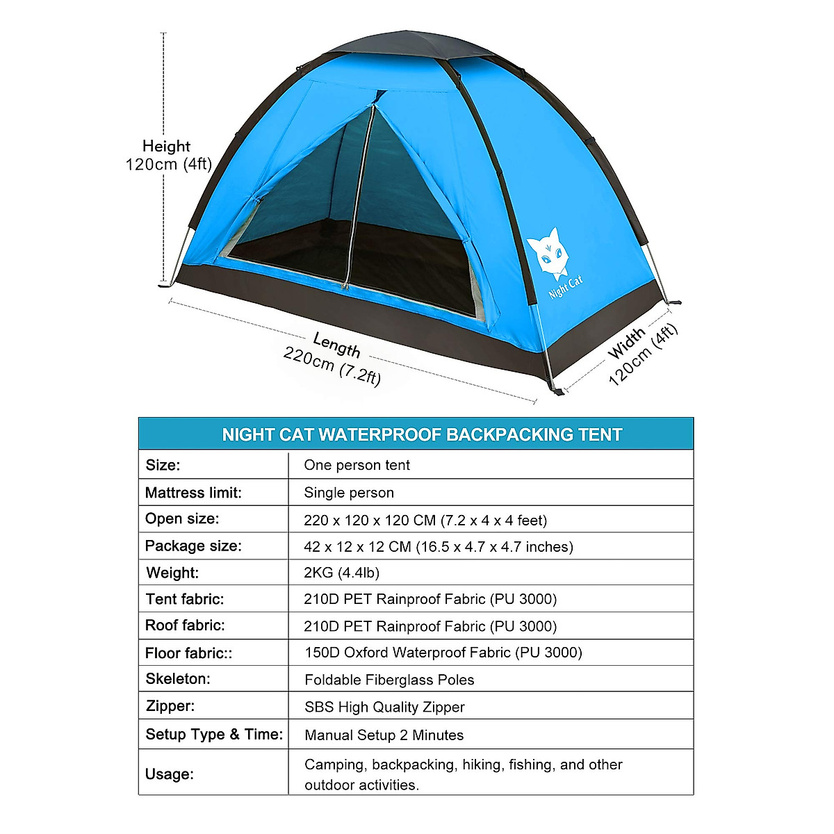 Night Cat Backpacking Tent for One 1 to 2 Persons Lightweight Waterproof Camping Hiking Tent for Adults Kids Scouts Easy Setup Single Layer 2.2x1.2m