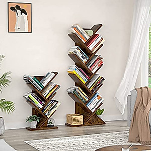 Topfurny Tree Bookshelf, 9-Tier Shelf Rustic Brown Bookcase, Retro Wood Storage Rack for CDs/Movies/Books, Anti-Fall Utility Organizer Shelves for Living Room, Bedroom, Home Office, Rustic Brown