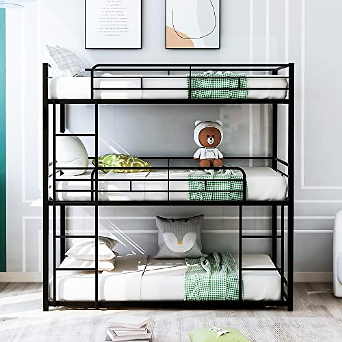 GLORHOME Twin Size Metal Triple Bunk Bed with 2 Front Ladders for Kids Adults, No Box Spring Required, Black