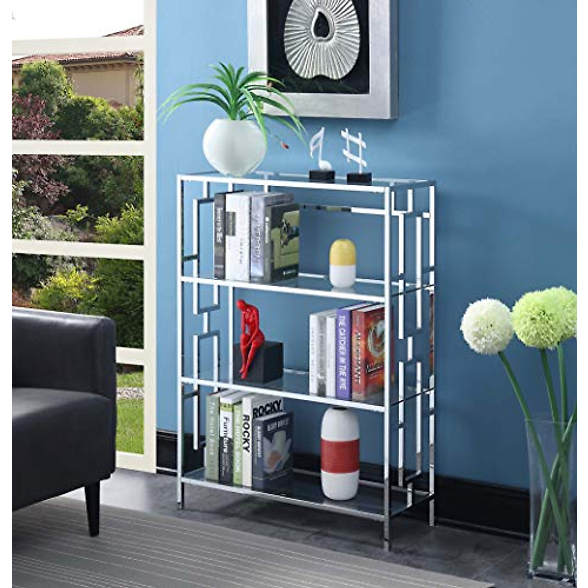 Convenience Concepts Town Square Chrome 4 Tier Bookcase, Clear Glass / Chrome Frame