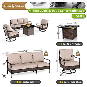 Sophia & William Patio Furniture Set with 32" Fire Pit Table, 3-Seater Sofa, 2 Swivel Chairs, 5 Seats Outdoor Metal Conversation Sets for Seating Lawn Garden Backyard,Beige