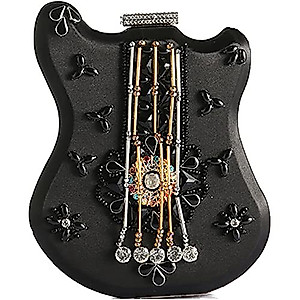 CuteCue Violin/Guitar Shaped Evening Bag Black Beaded Tassel Party Handbag Wedding Clutch Purse