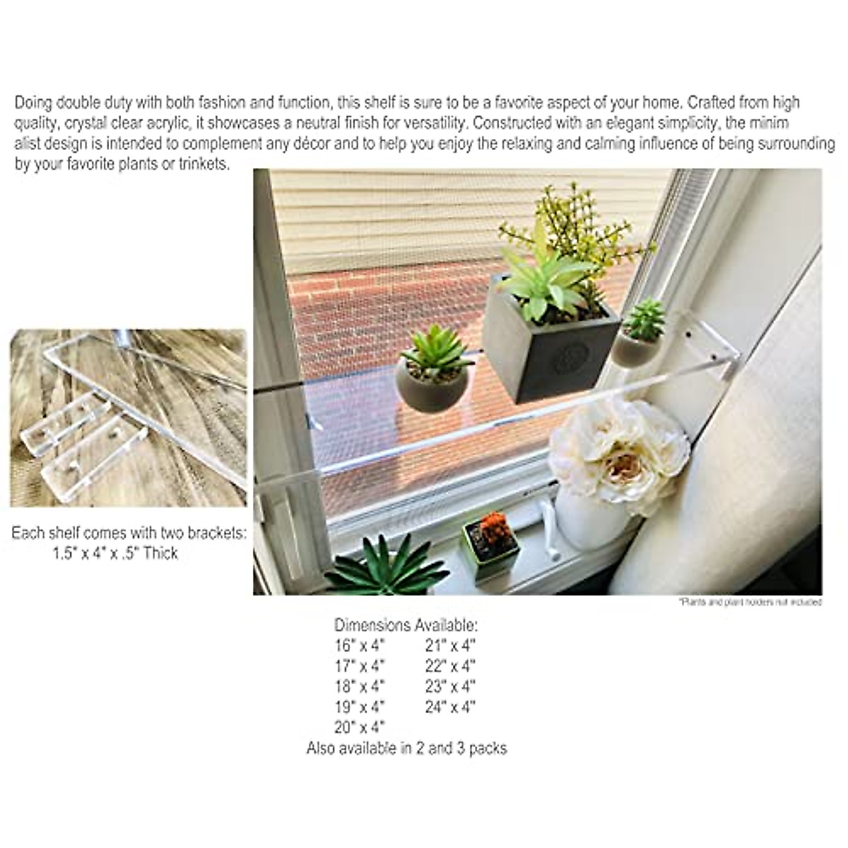 Elegant and Sophisticated Floating Window Shelf (21", Single Shelf) - Crystal Clear Recessed Durable Strong Acrylic Trinket, Plants, Succulents Indoor Collection Display Stand Trendy Modern Boho Chic